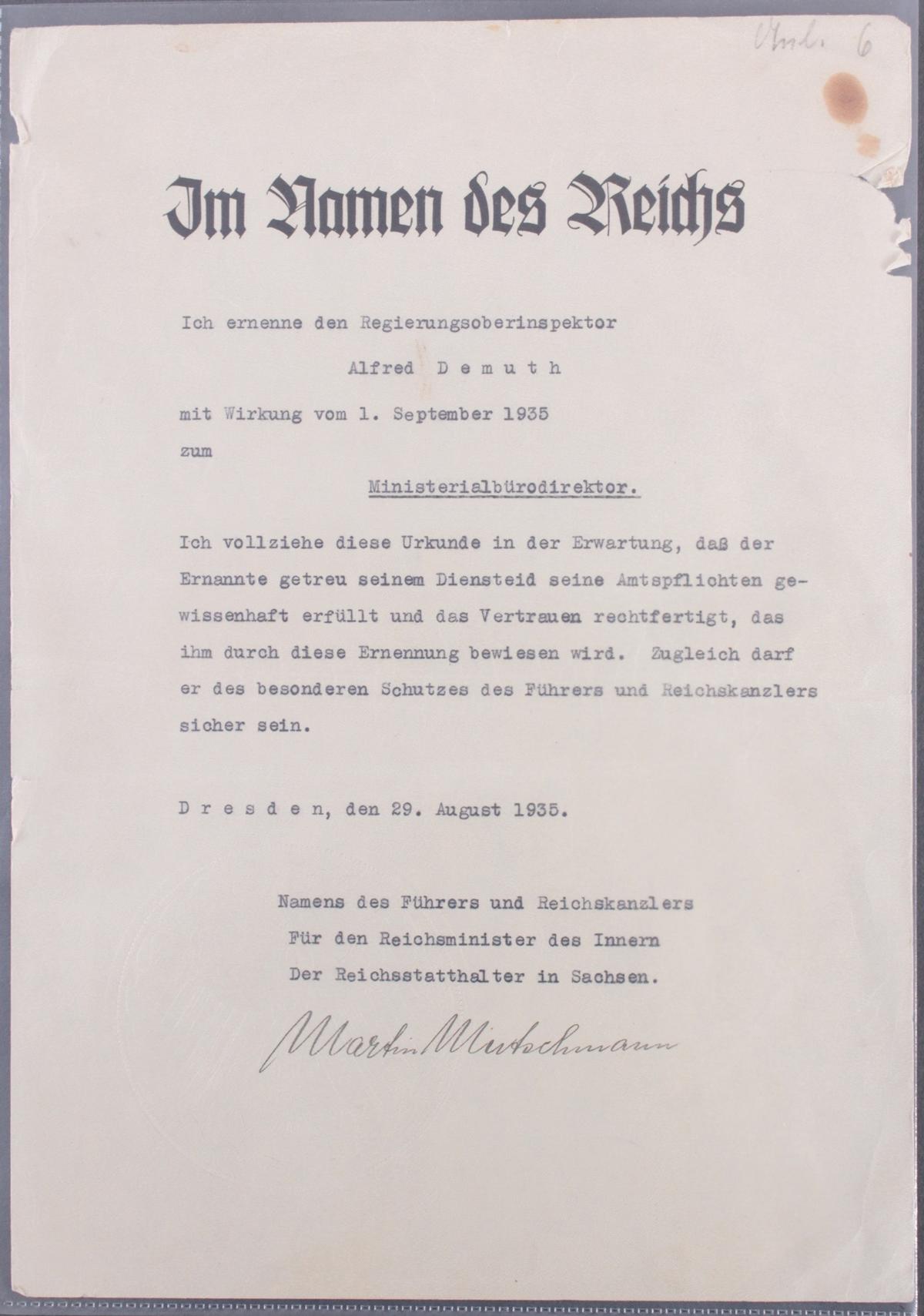 Urkunde mit Autograph Martin Mutschmann | Badisches Auktionshaus