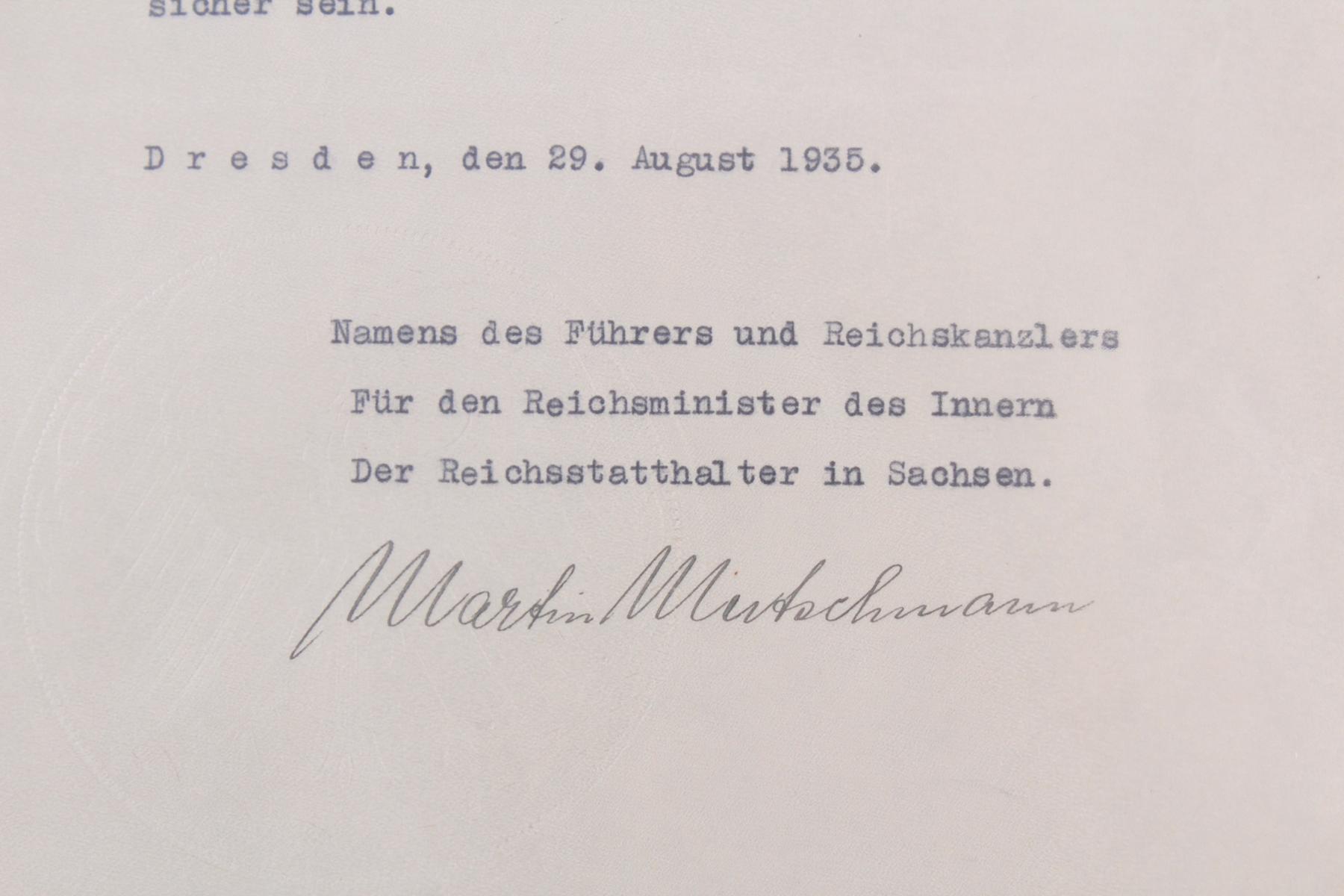 Urkunde mit Autograph Martin Mutschmann | Badisches Auktionshaus