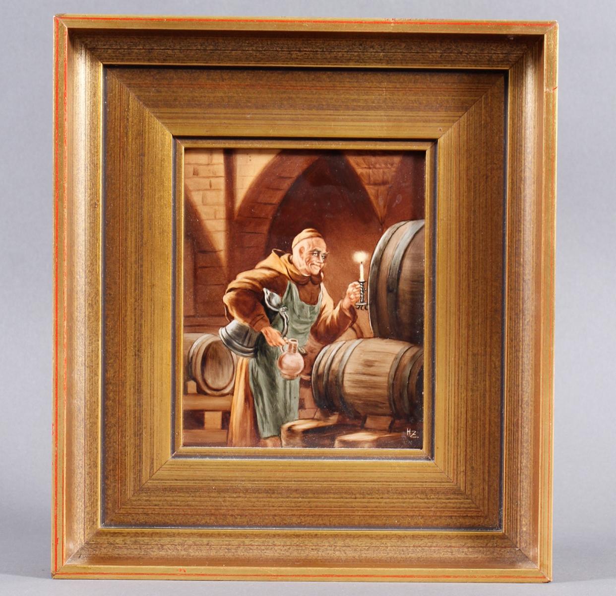 Porzellanbild, Mönch mit Kerze beim Wein holen | Badisches Auktionshaus