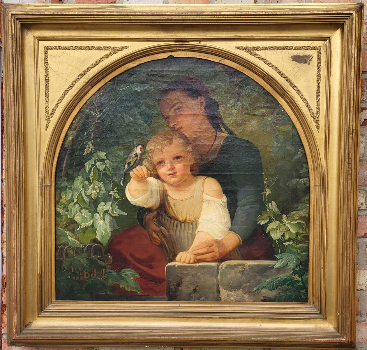 Mutter mit Kind und Vogel unter Weinreben. Gemälde, 18./19. Jahrhundert ...